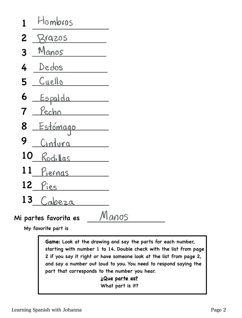 Worksheet – Body Pt 2 | Learning Spanish with Johanna