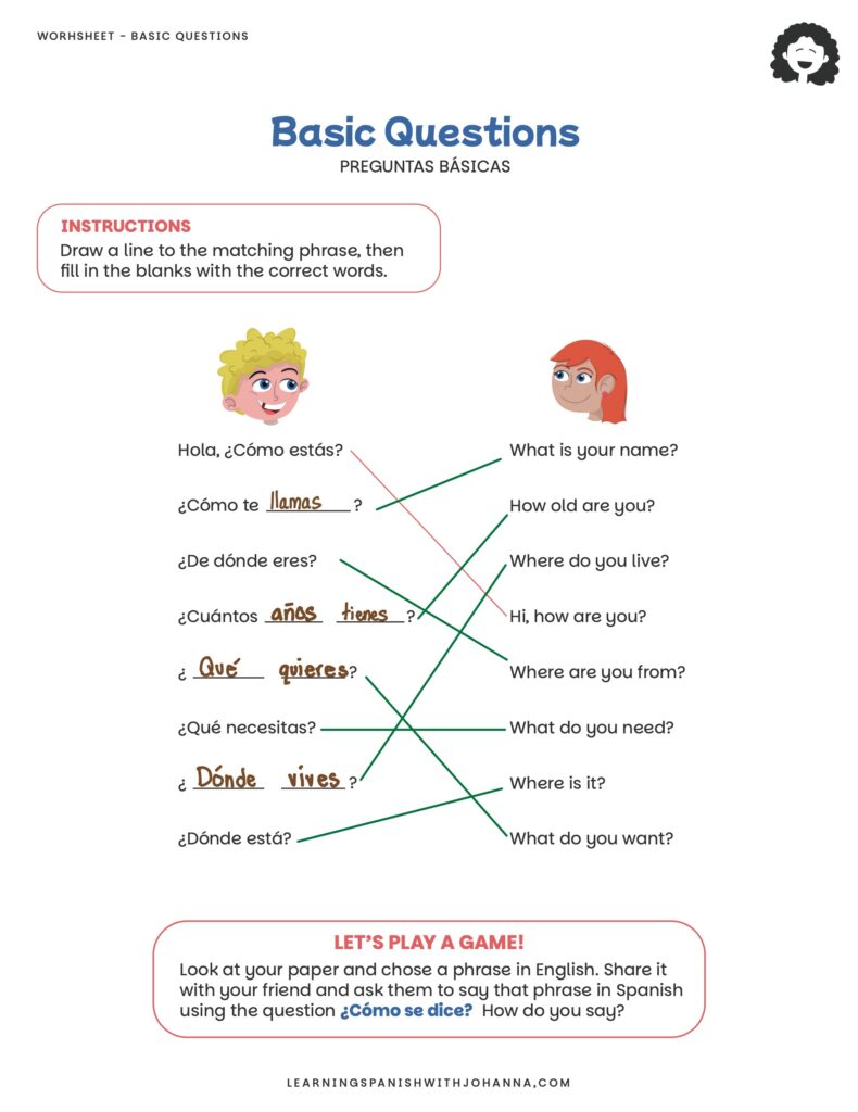 Worksheet – Basic Questions | Learning Spanish with Johanna